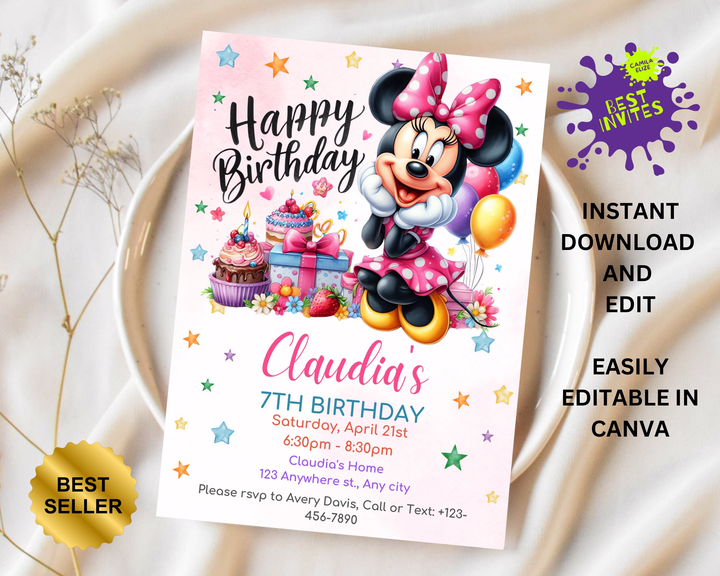 Editable Light Pink Minnie Mouse Birthday Invitation, Girls Birthday ...