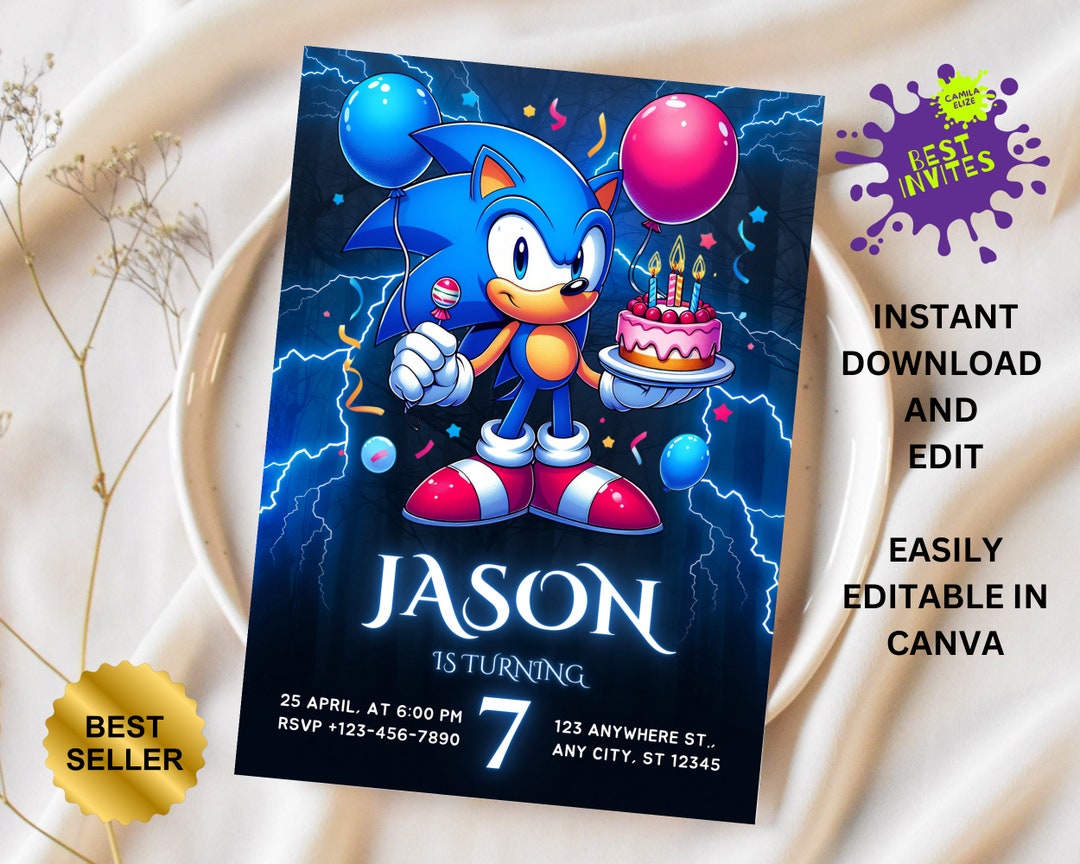 Sonic Birthday Invitation, Super Hedgehog Boys Party Invite, Super ...