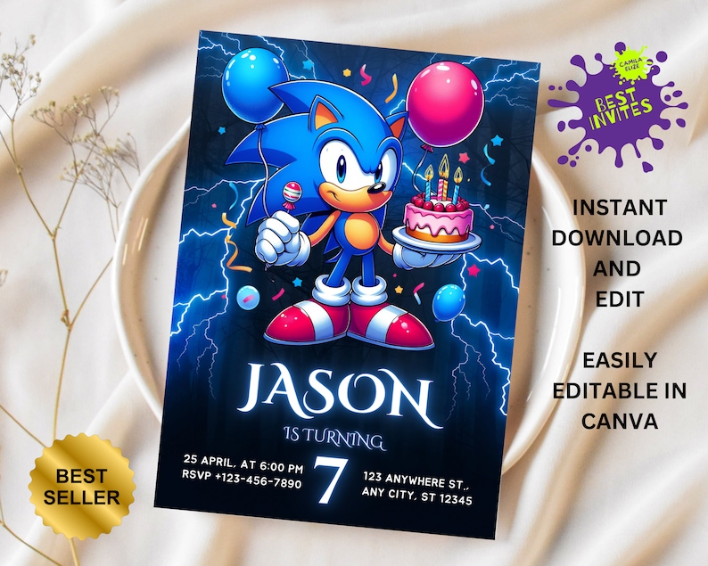 Sonic Birthday Invitation, Super Hedgehog Boys Party Invite, Super ...