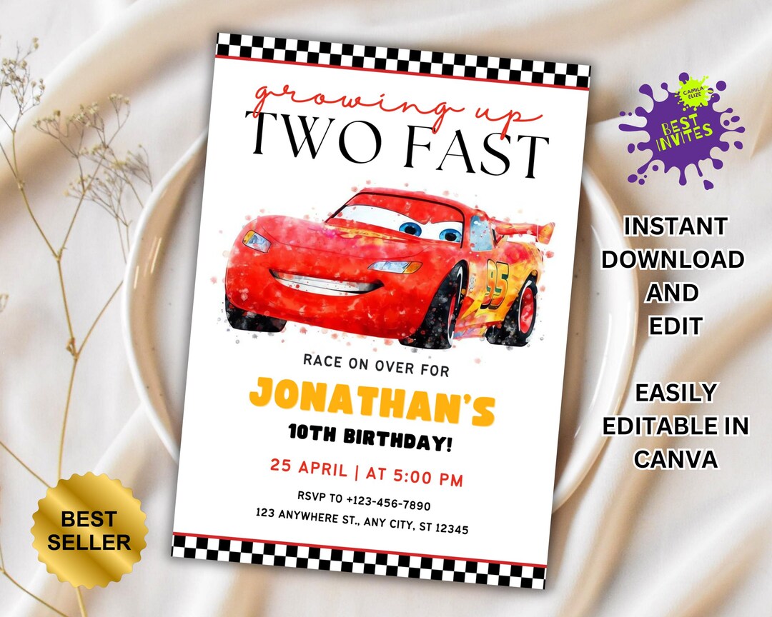 Cars Birthday Party Invitation, Lightning Mcqueen Birthday, Cars Party ...