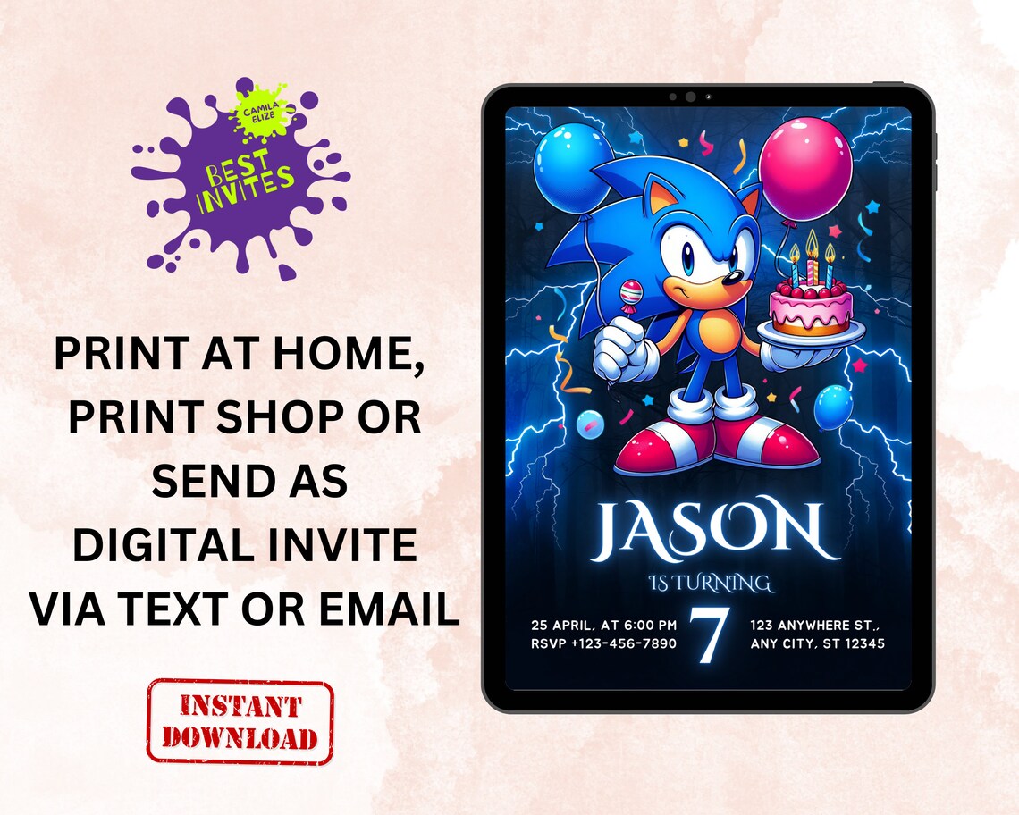 Sonic Birthday Invitation, Super Hedgehog Boys Party Invite, Super ...