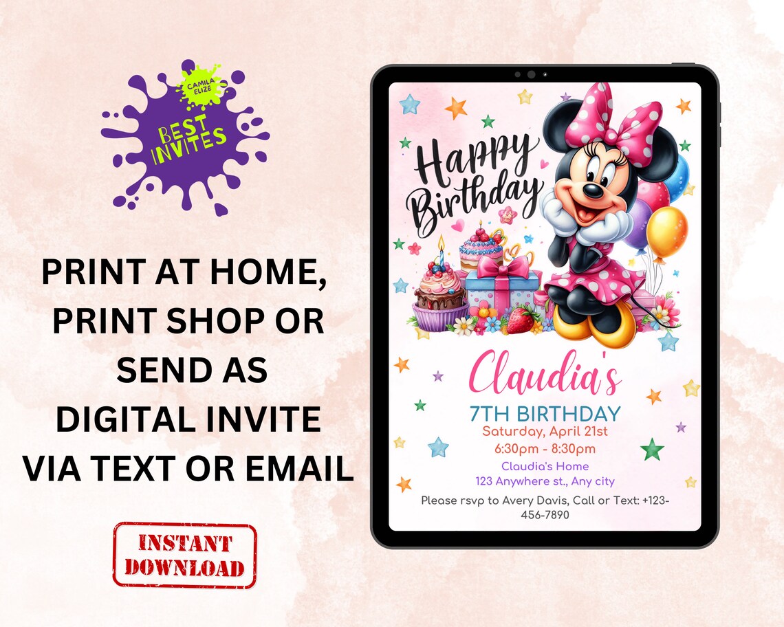 Editable Light Pink Minnie Mouse Birthday Invitation, Girls Birthday ...