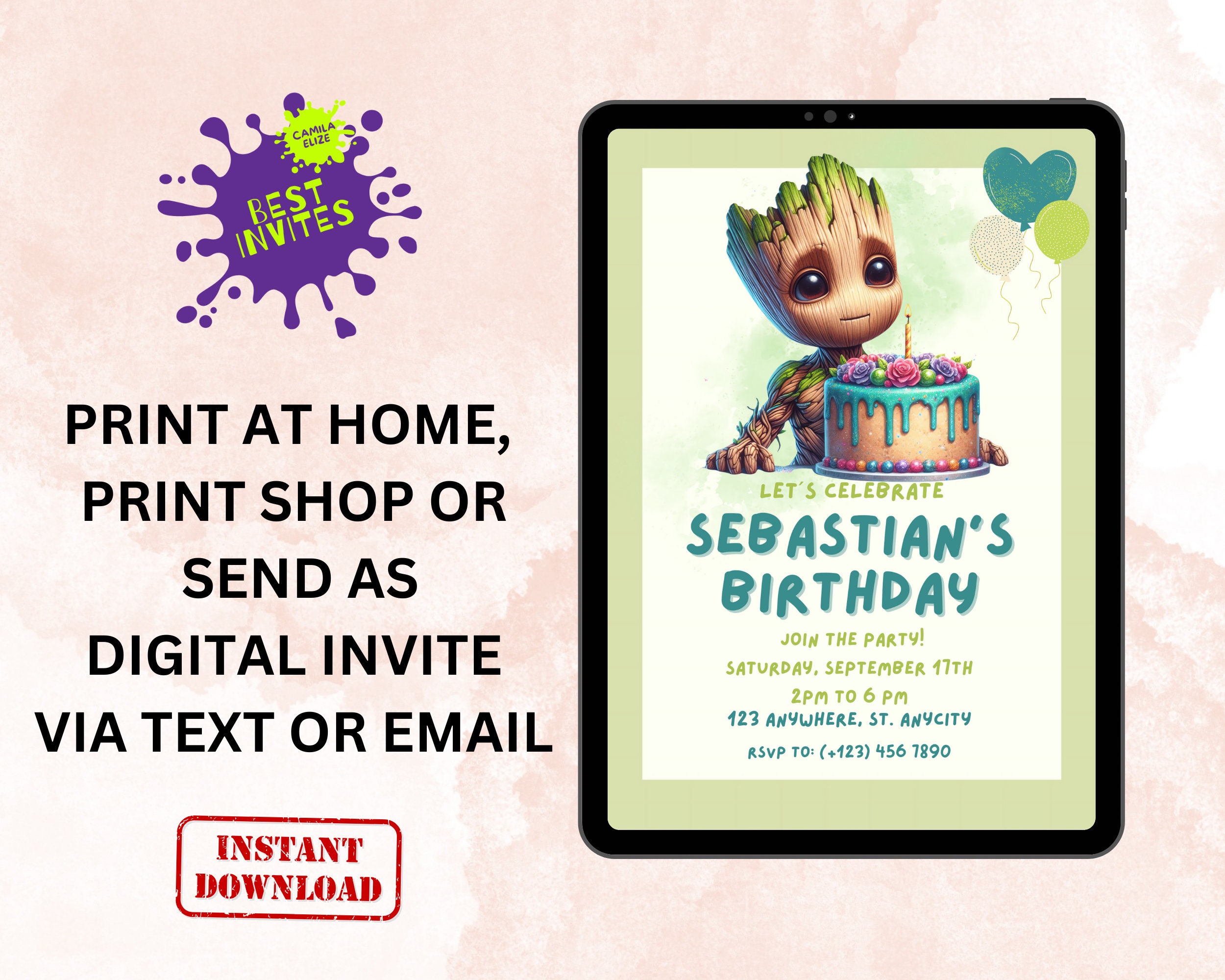 Groot Birthday Invitation Template, Printable Birthday Party Invitation ...