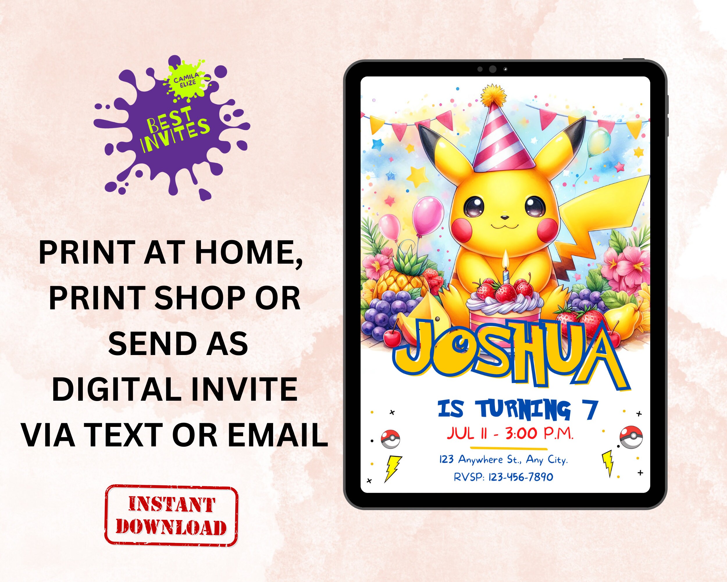Pokemon Invitation Editable Invitation Kids Birthday Invite Digital ...