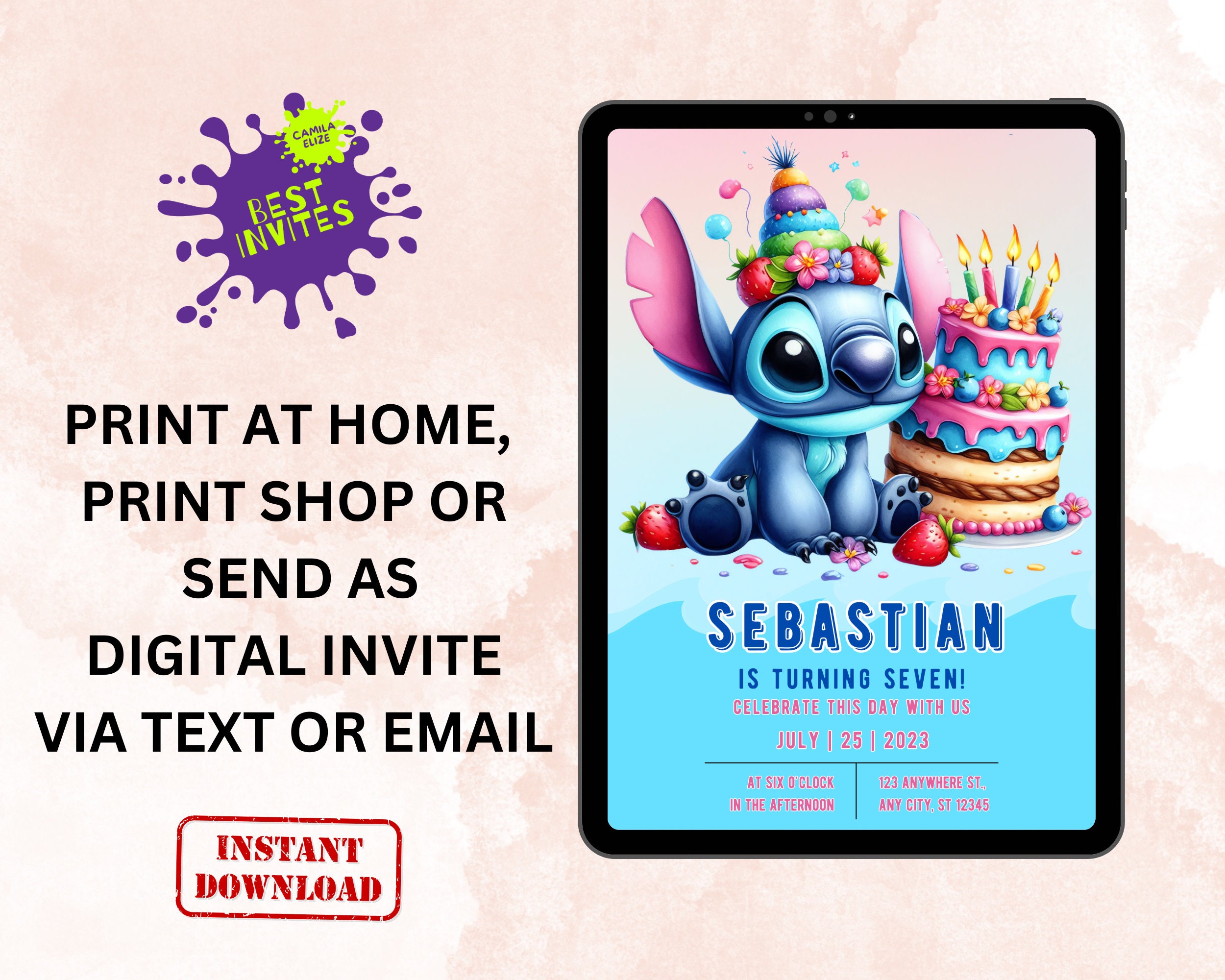 Stitch Editable Birthday Invitation Template, Printable Birthday Party ...