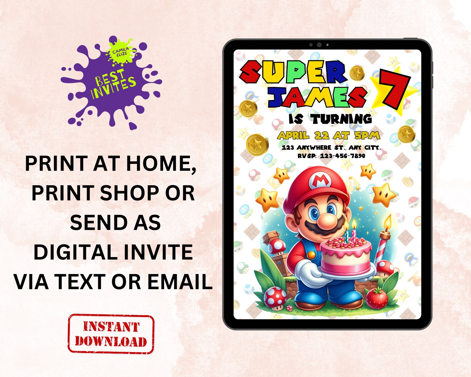 Super Mario Birthday Invitation | Birthday Invitation | Super Mario ...