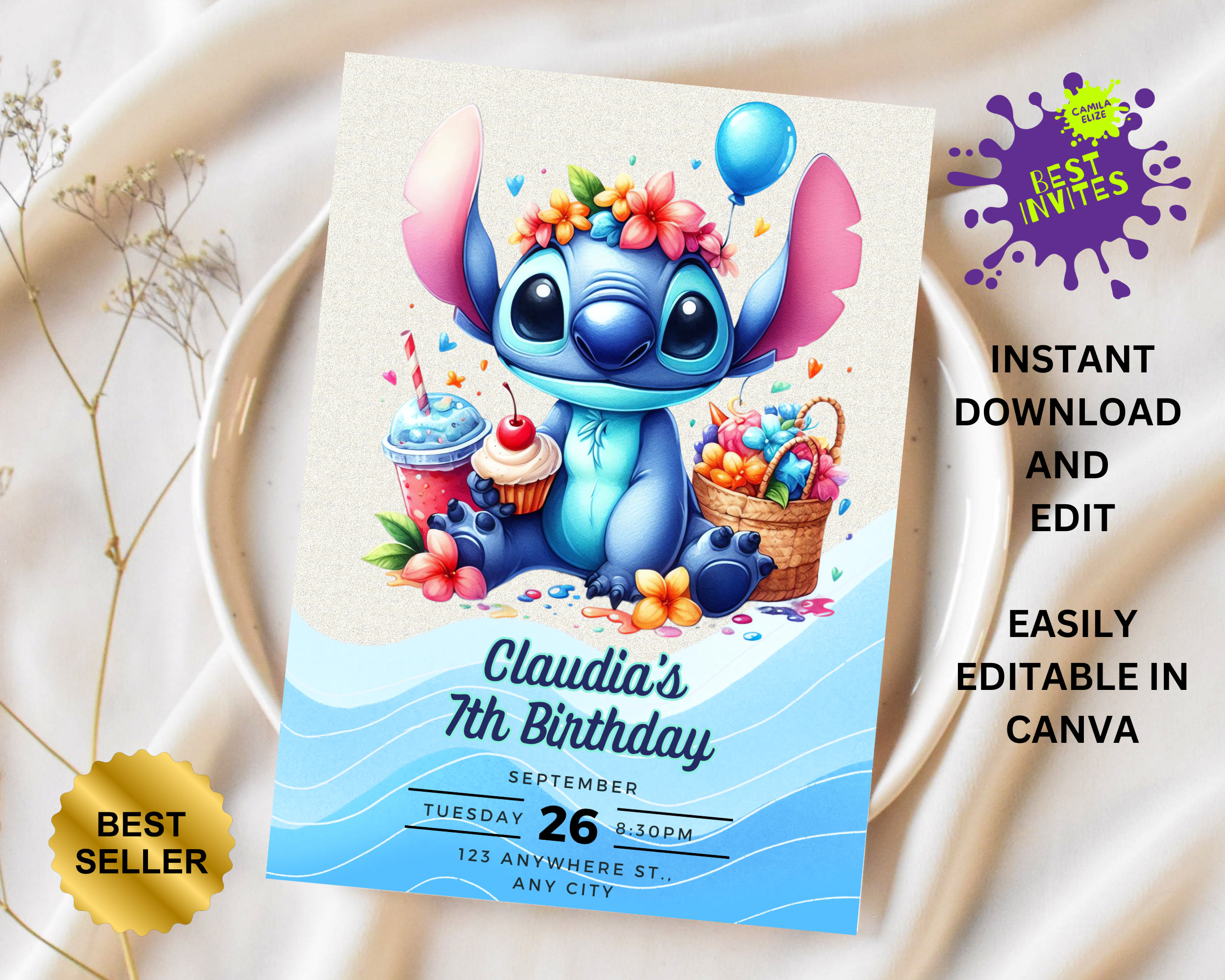 Stitch Editable Birthday Invitation Template, Printable Birthday Party ...