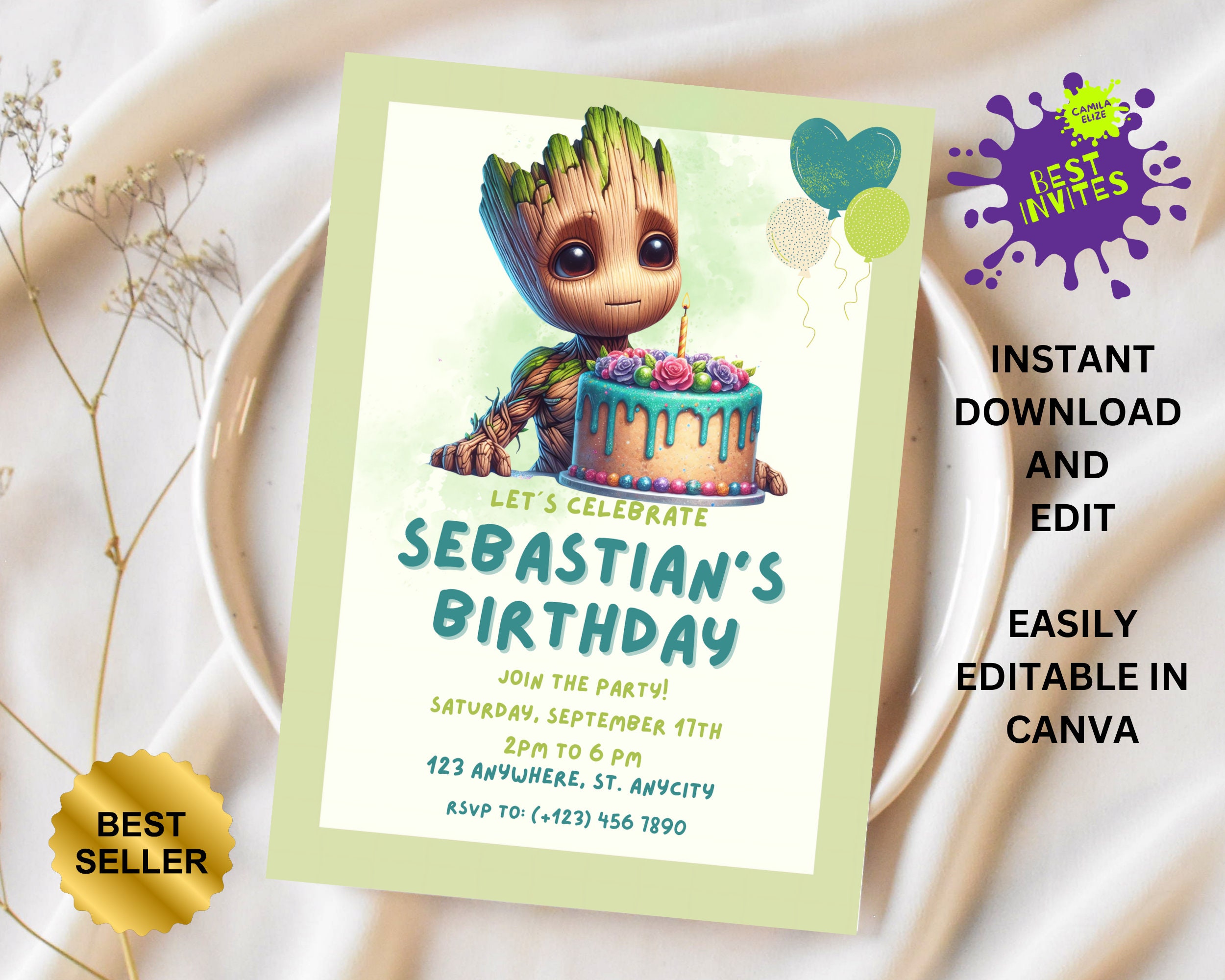 Groot Birthday Invitation Template, Printable Birthday Party Invitation ...