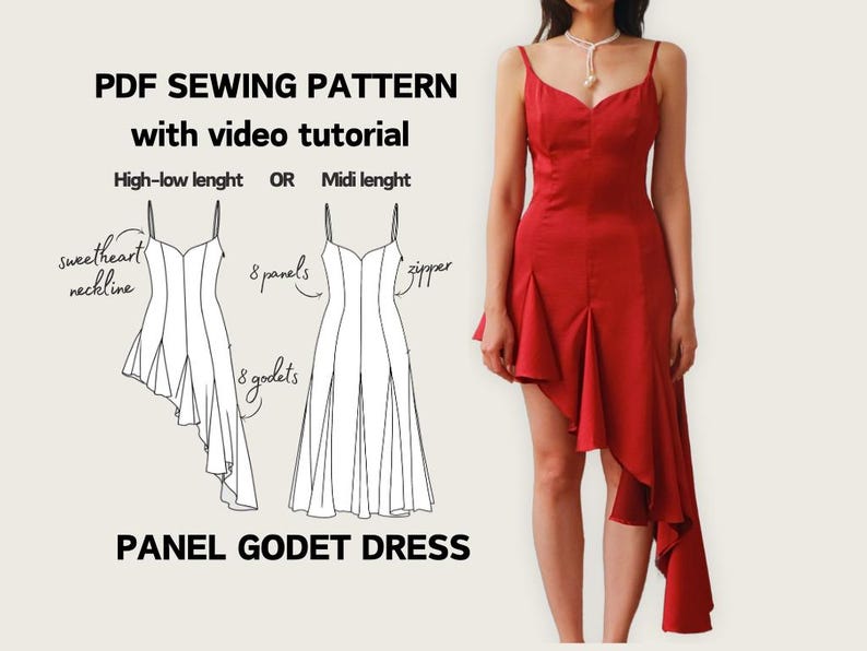 Panel Godet Dress Sewing Pattern: High-low & Midi Length (PDF Digital ...
