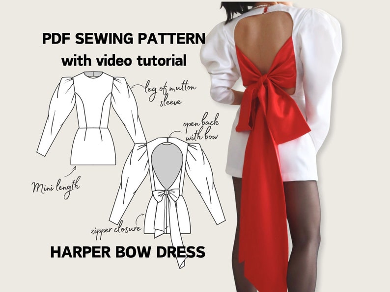 Low Back Mini Dress With Bow Ties and Puff Sleeves PDF Digital Sewing ...