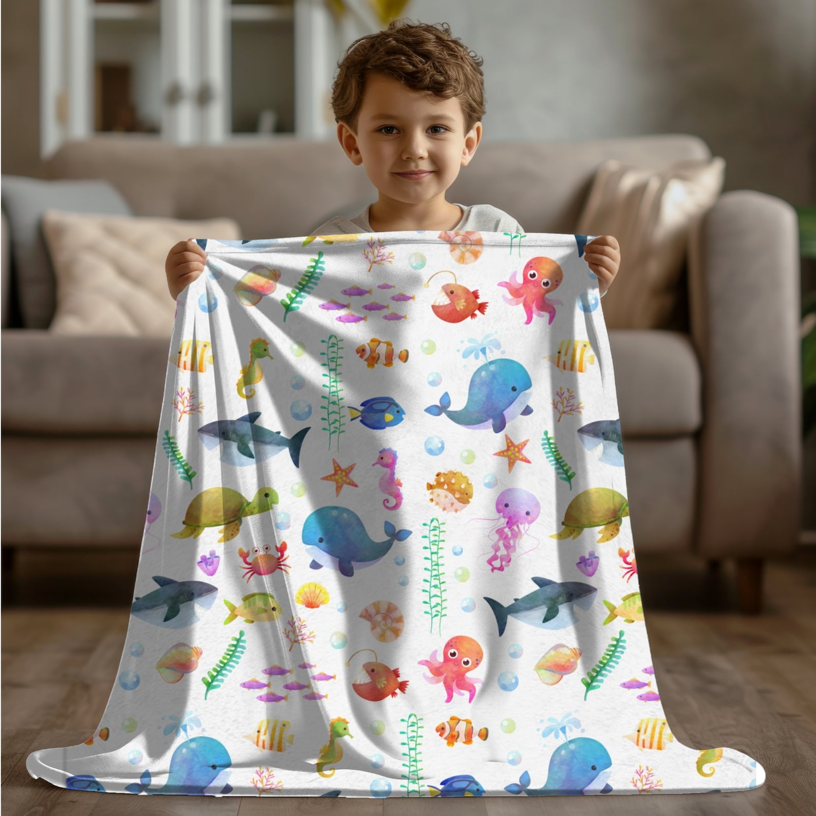 Marine Ocean Sea Life Sharks & Whales Velveteen Microfiber Baby Toddler ...