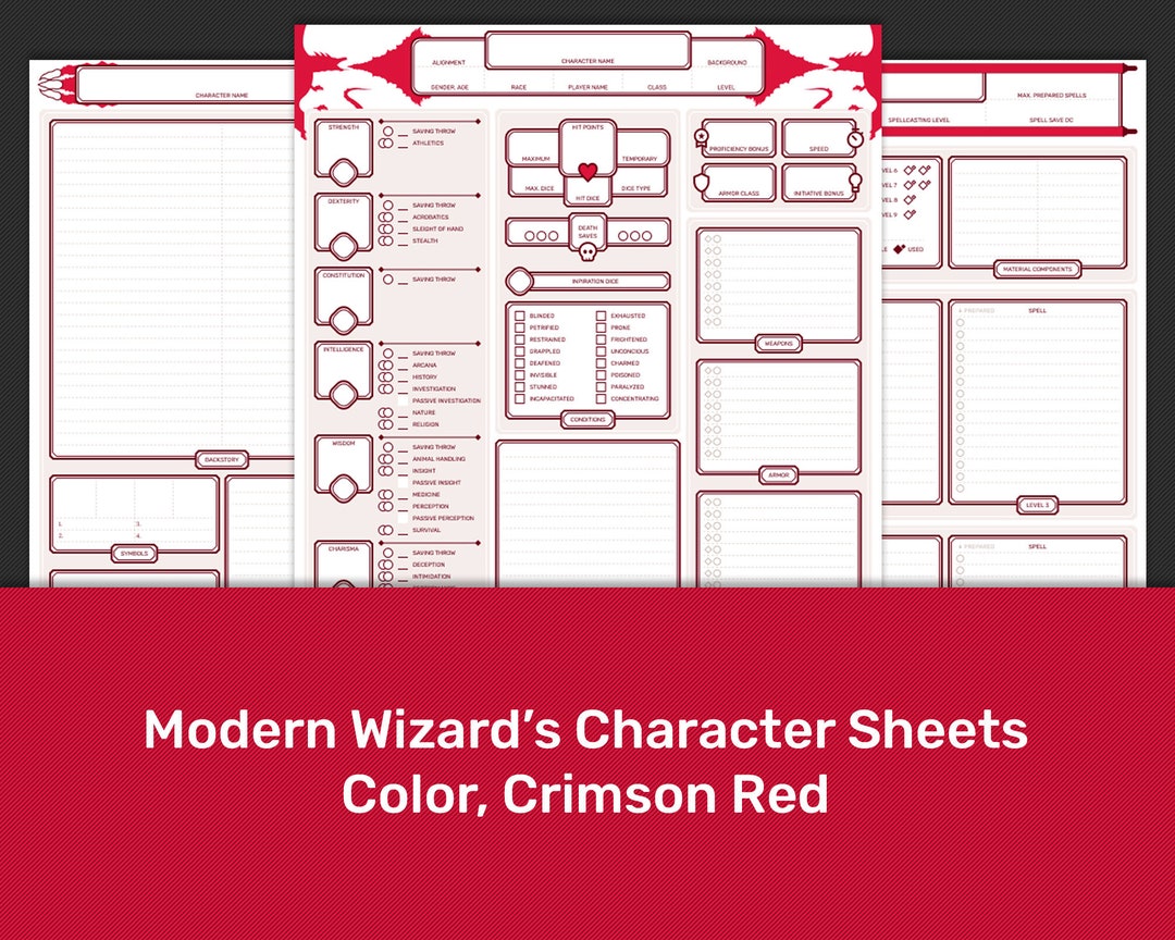 D&D 5e Character Sheets, Form Fillable, Color, Crimson Red - Etsy