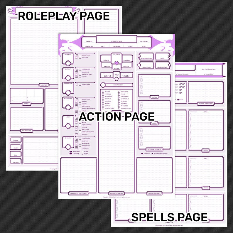 D&D 5e Character Sheets, Form Fillable, Color, Lavender Purple - Etsy