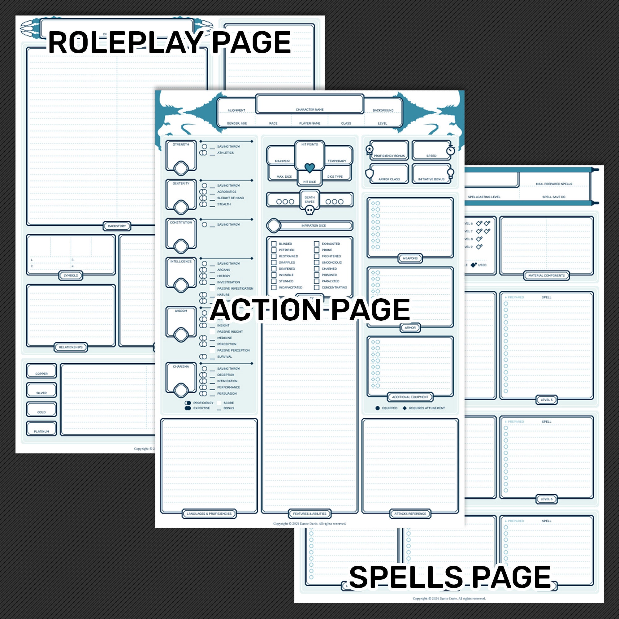 D&D 5e Character Sheets, Form Fillable, Color, Ocean Blue - Etsy