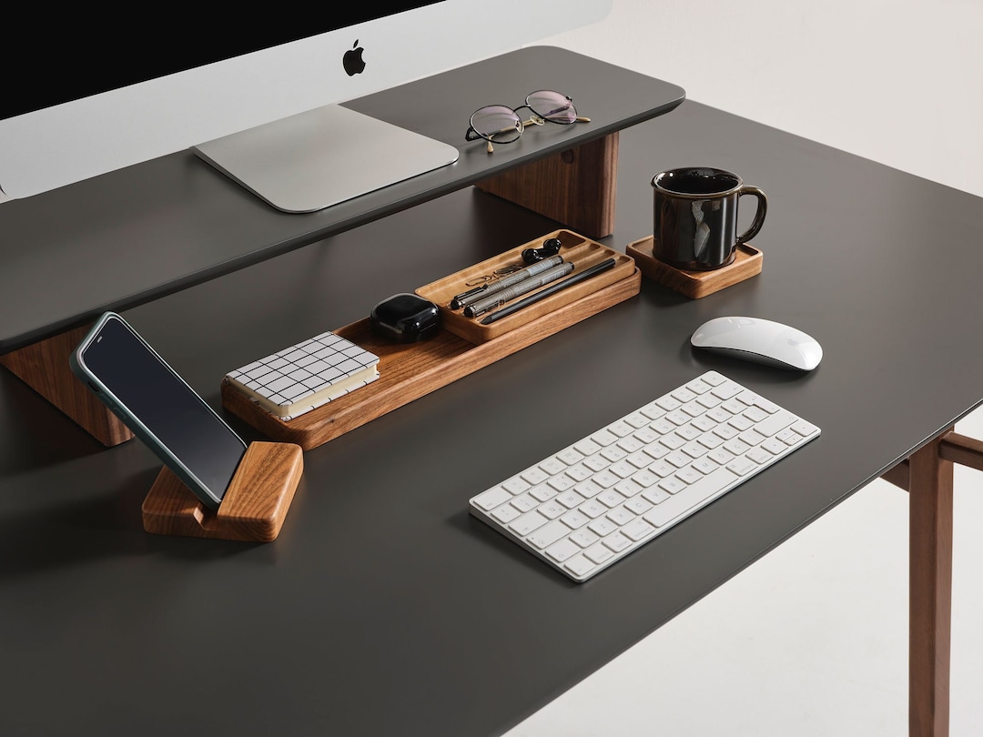 Handmade Beech Wood Desk Organizer Set: Tray, Coaster & Phone Stand - Etsy