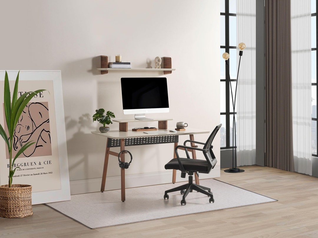 Work Desk, Cream Beige Desk, Solid Wood Office Desk, Homeoffice Writing ...