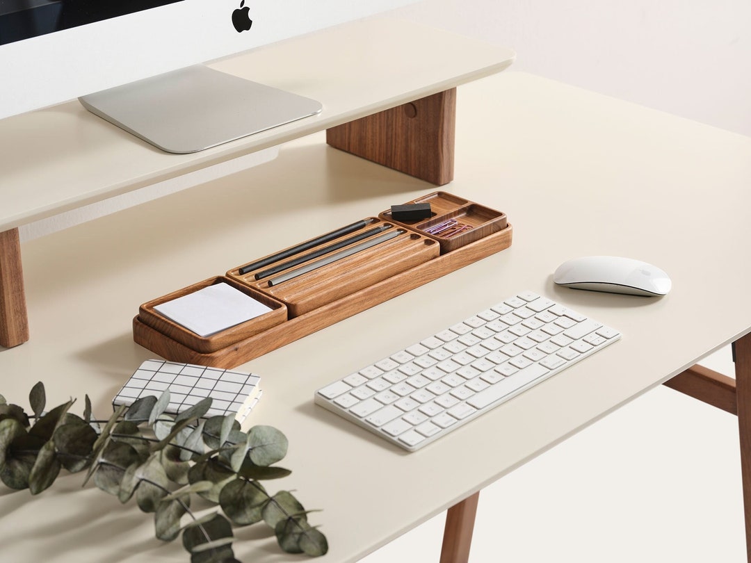 Natural Wooden Desk Organizer Set, Minimalist Home Office Tray, Pen ...