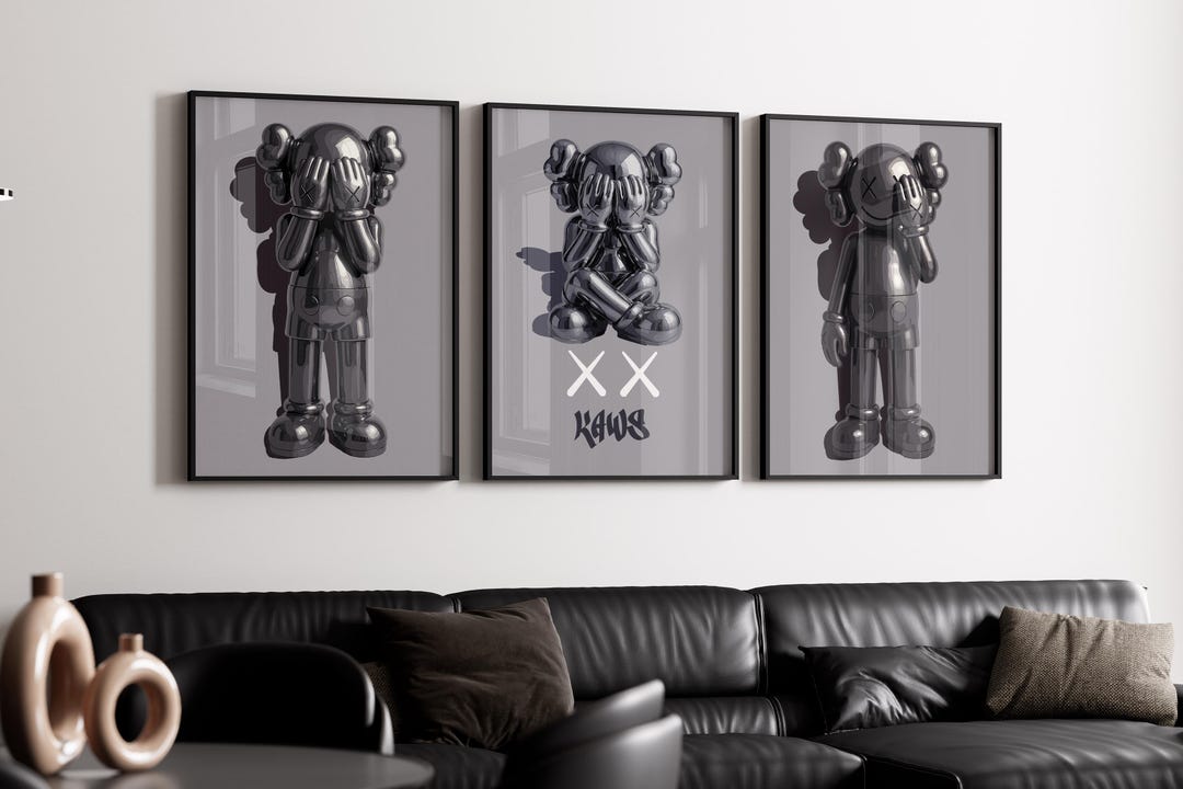 Set of 4, KAWS Inspired Wall Art Set of 3 – Modern Black Companion ...