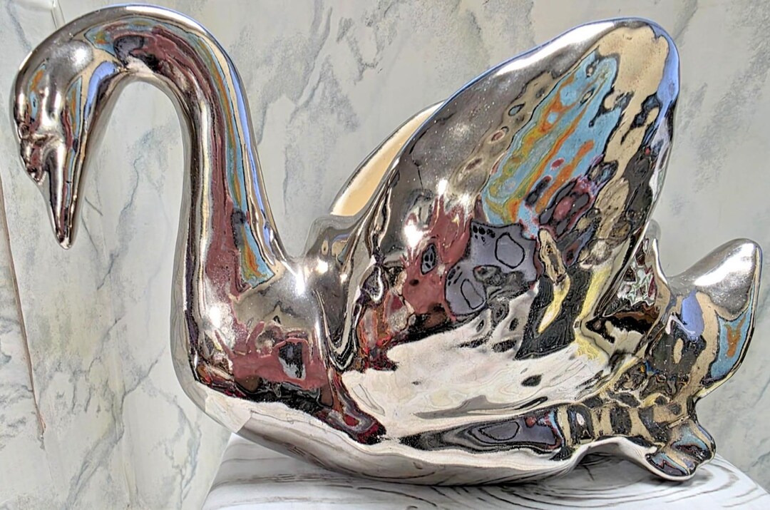 Chic Pottery High Glossy Silver Pottery Ceramic Swan Planter, 6.5" X 4. ...