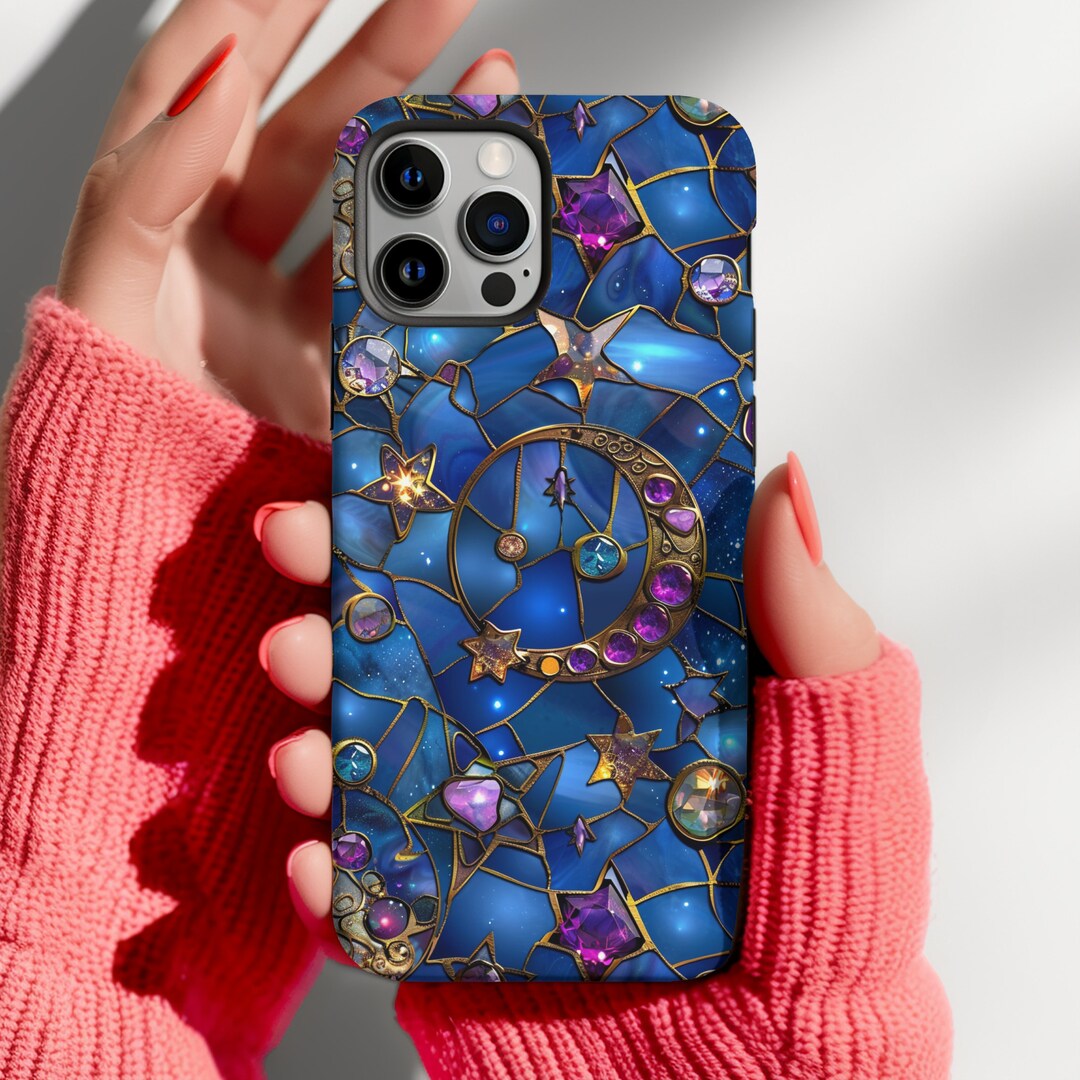 Stellar Moon and Stars Phone Case Faux Stain Glass Celestial Sky Design ...