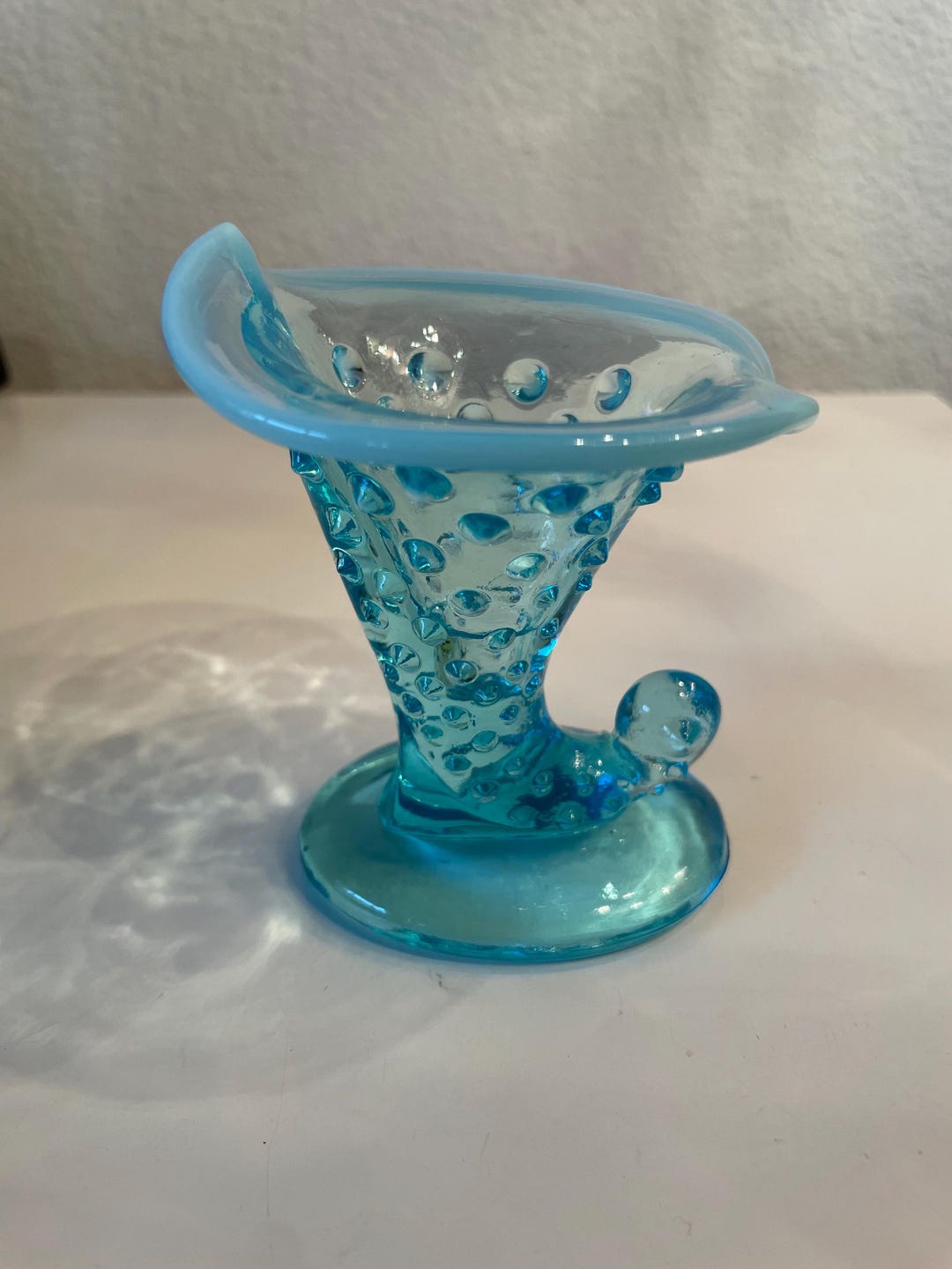 Fenton Blue Opalescent Hobnail Glass Cornucopia Horn of Plenty Vase ...