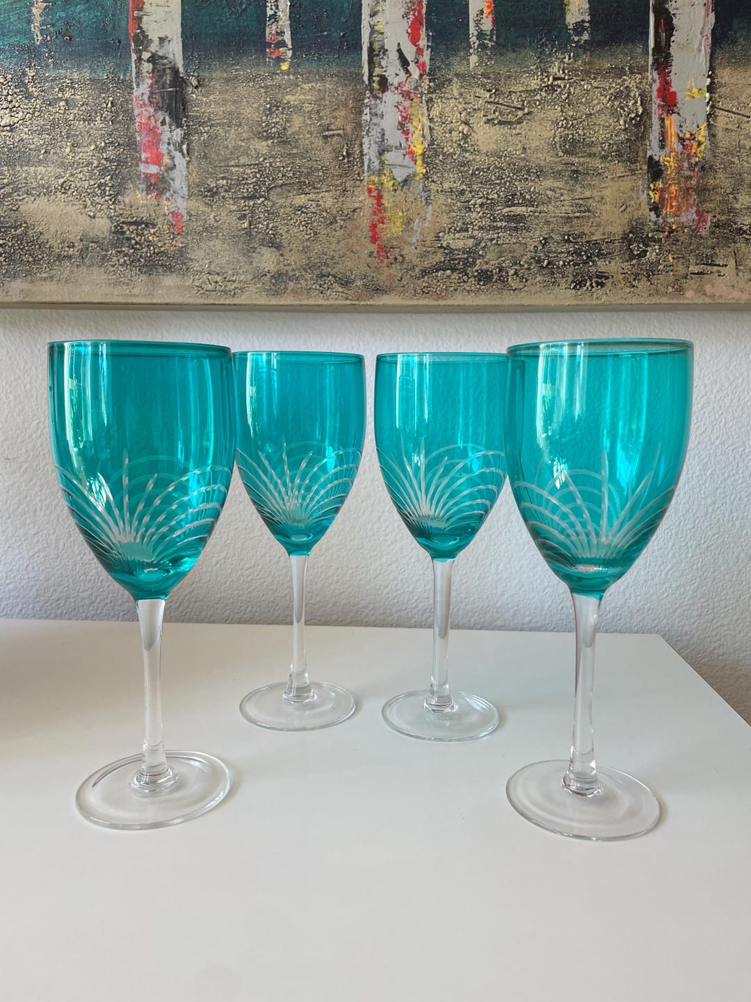 Vintage Pier 1 Turquoise Wine Goblets: Teal Cut to Clear Crystal, Set ...