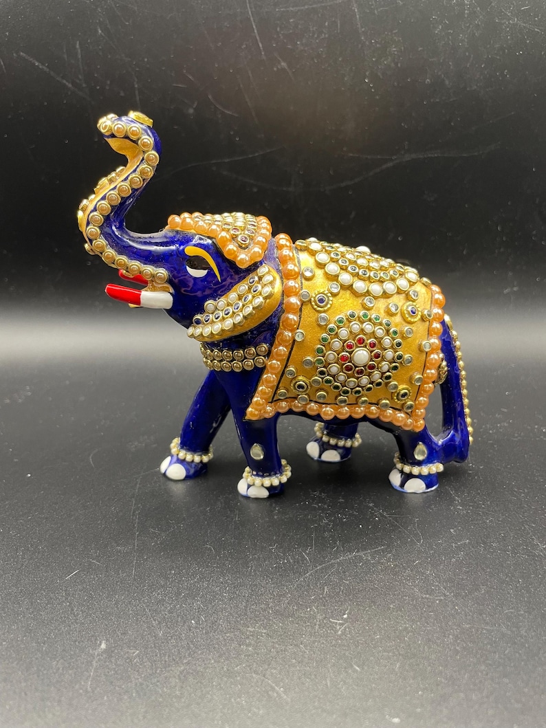 Vintage Blue Enamel Elephant, Jeweled Trunk up Elephant, Hand Painted ...
