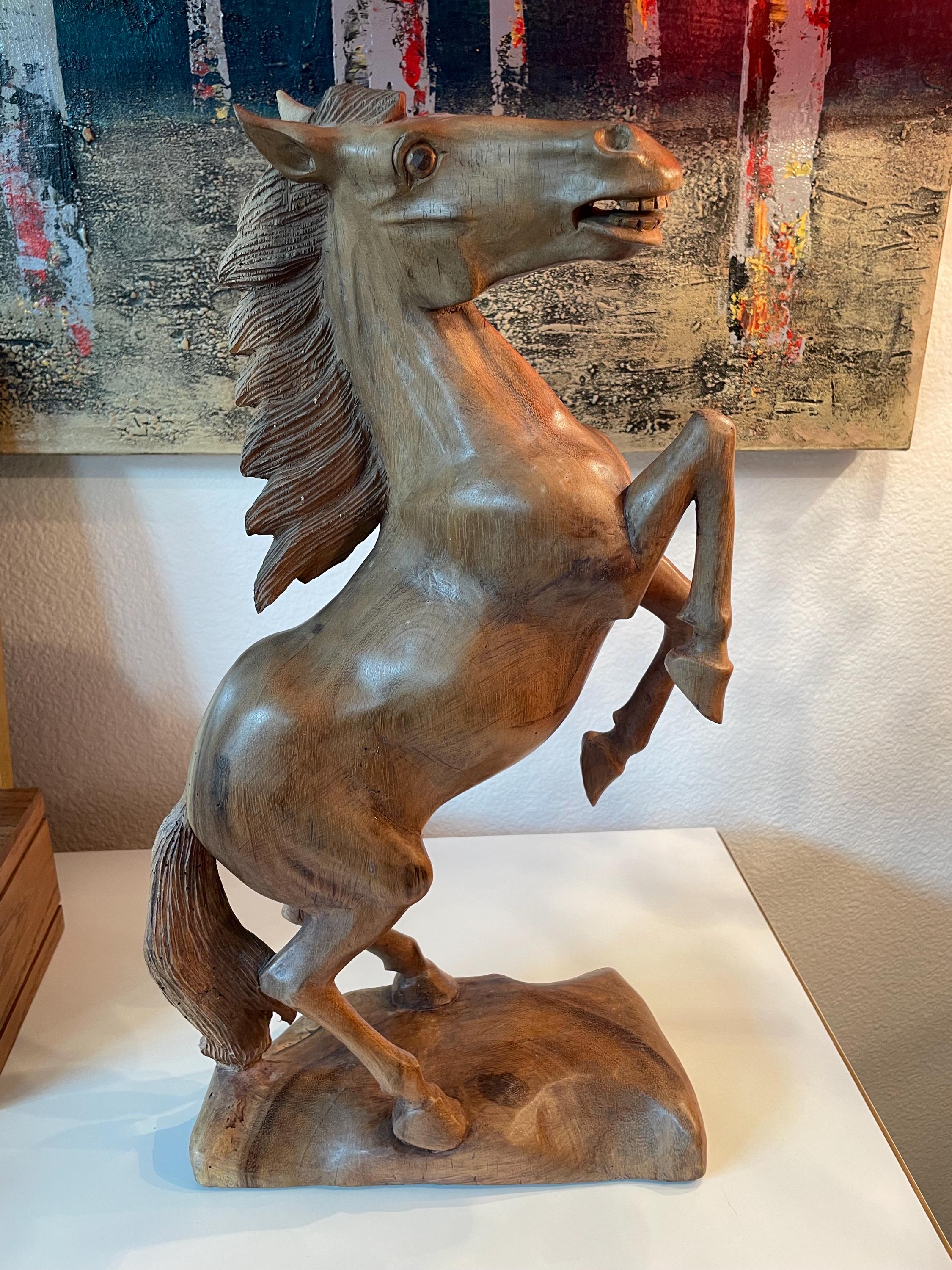 Hand Carved Wooden Horse Sculpture | Wooden Horse Rearing Figurine ...
