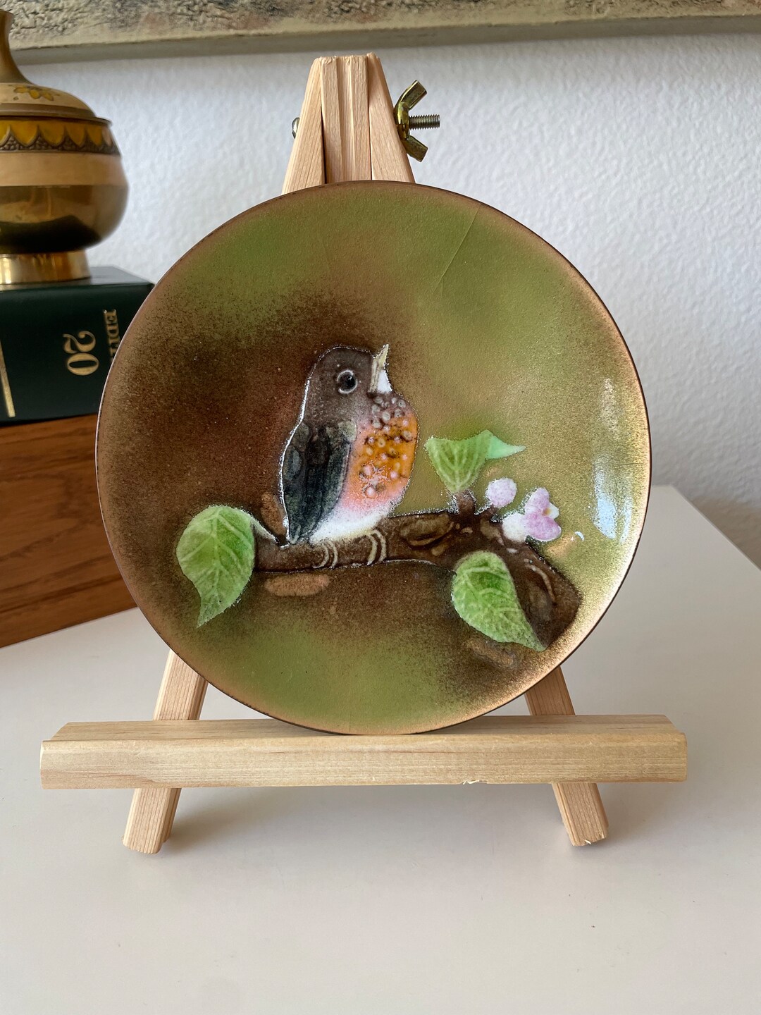 Norman Brumm Enamel Over Copper Bird Plate | Baby Robin on Branch ...