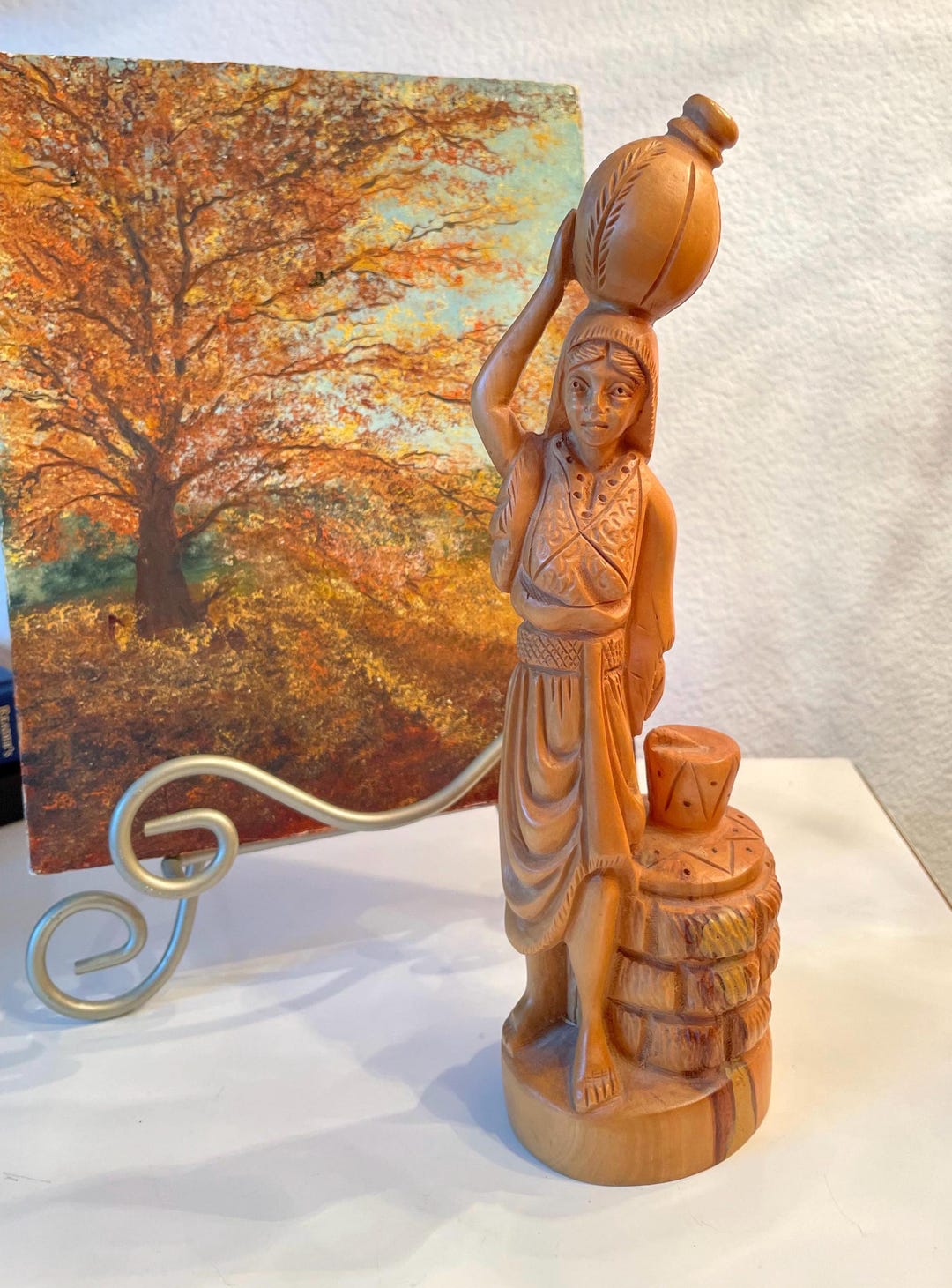 Vintage Hand Carved Wooden Woman | Wooden Water Bearer at Well Figurine ...