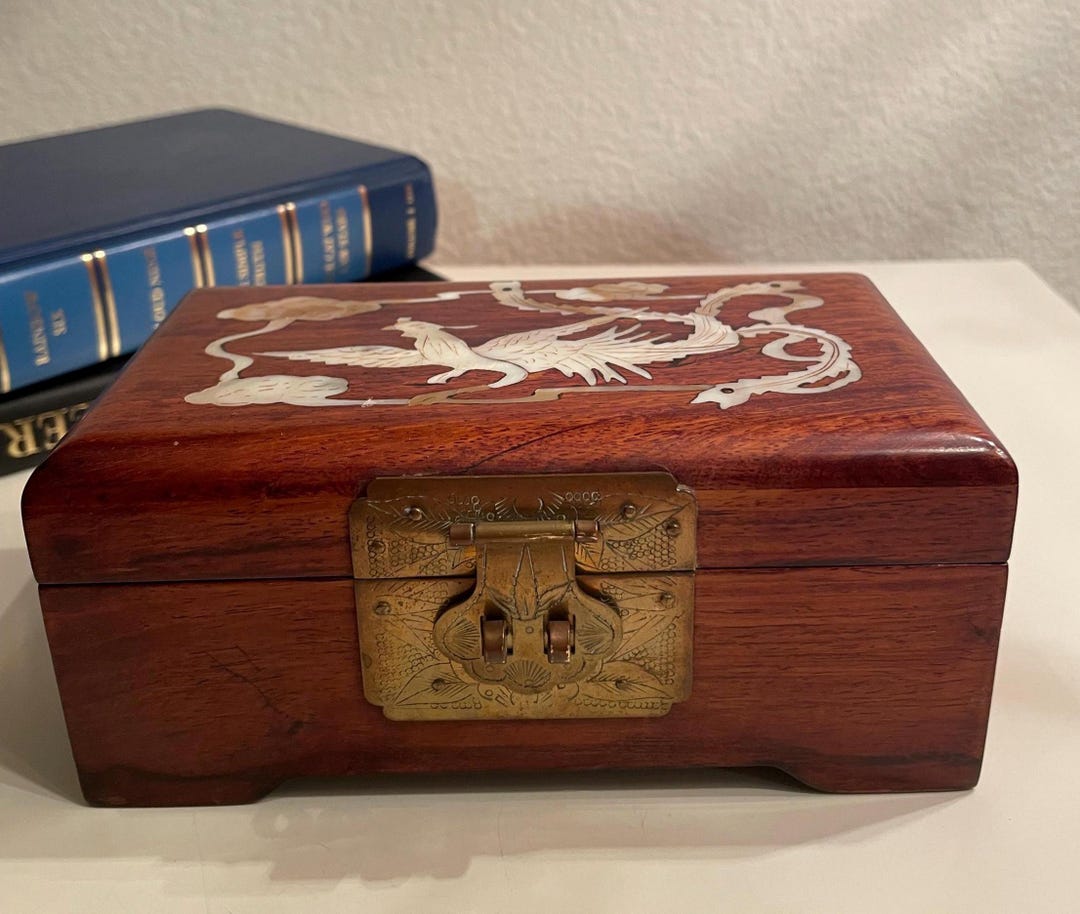 Vintage Teakwood Jewelry Box Inlay Mother of Pearl Phoenix Design ...