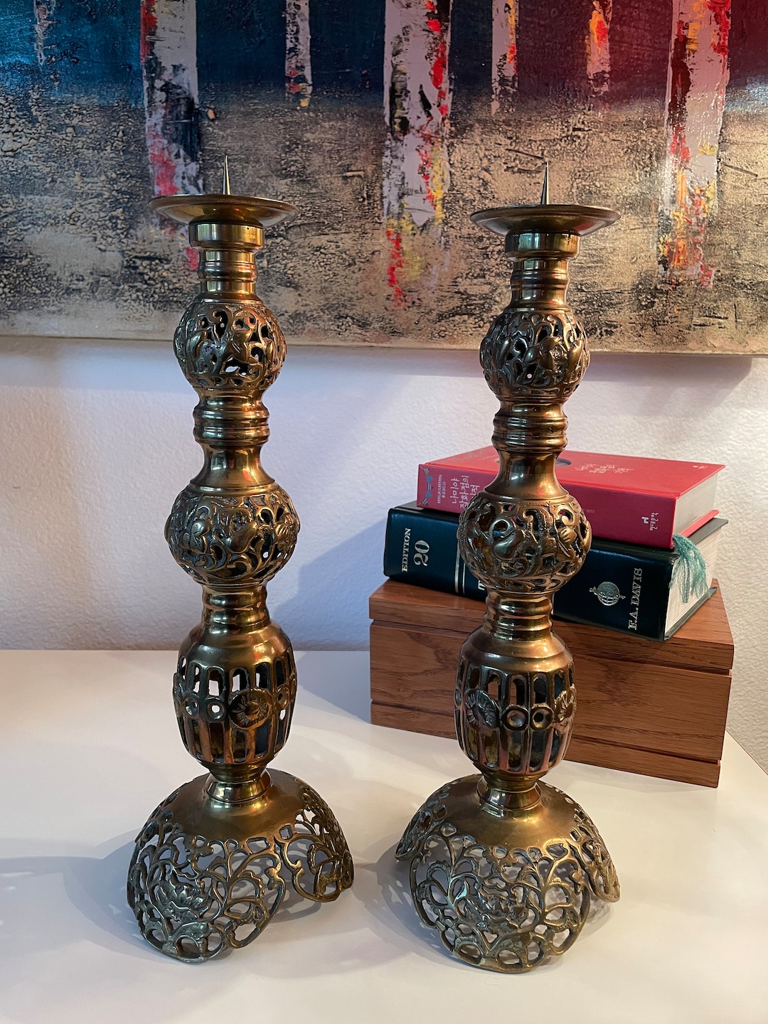 Vintage Large Brass Pillar Candle Holder Pierced Intricate Design ...