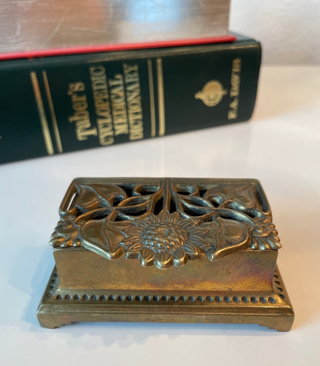 Vintage Brass Stamp Box/1980s Art Nouveau Victorian Style/sunflower ...