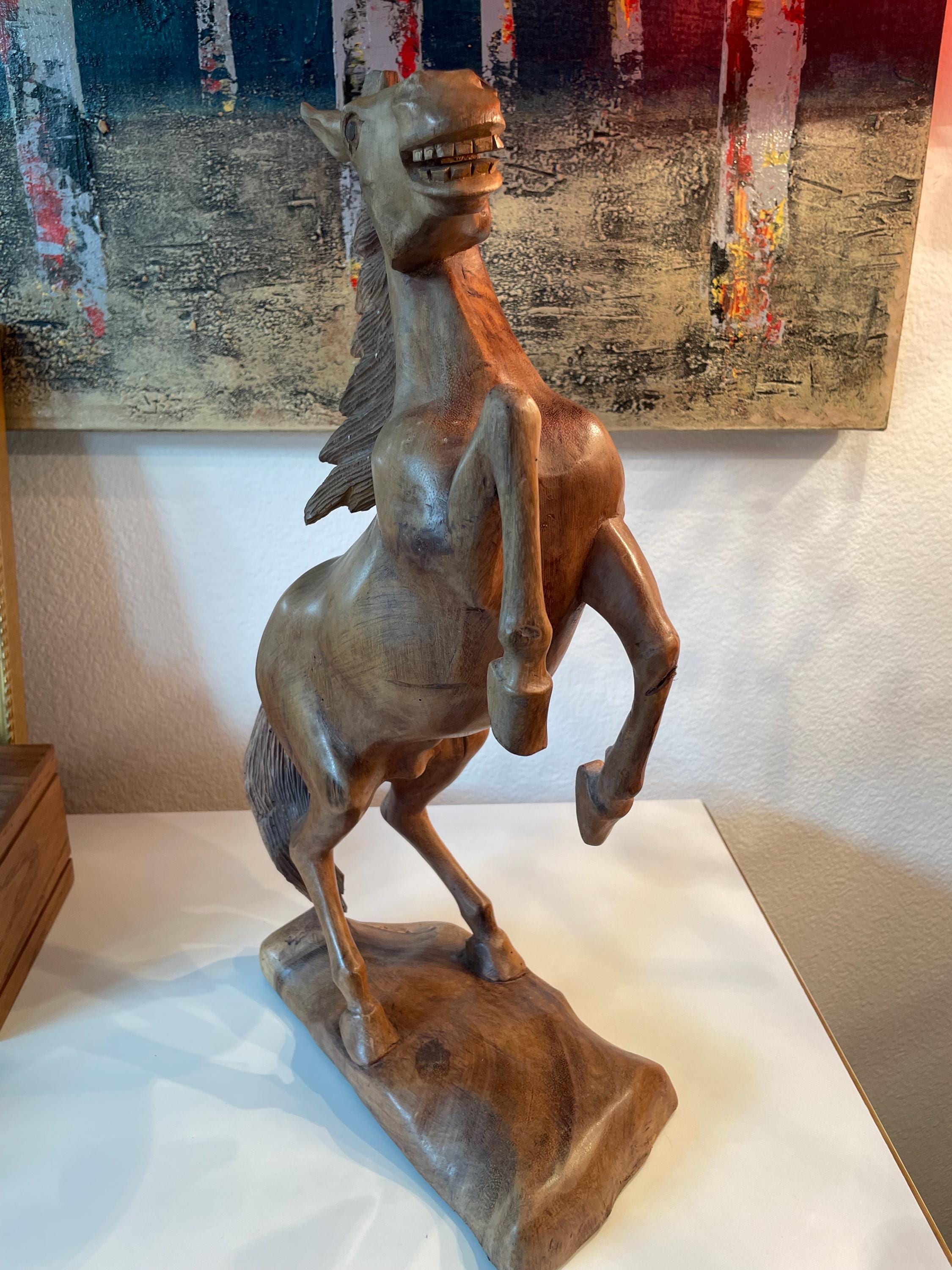 Hand Carved Wooden Horse Sculpture | Wooden Horse Rearing Figurine ...