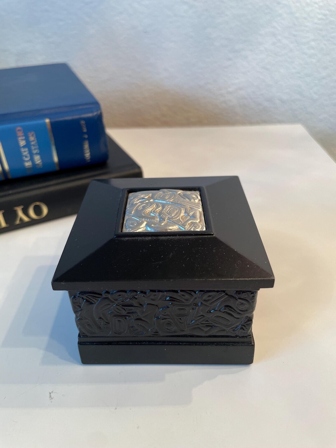 First Nations Resin Lidded Trinket Box With Silver Native Design | Boma ...
