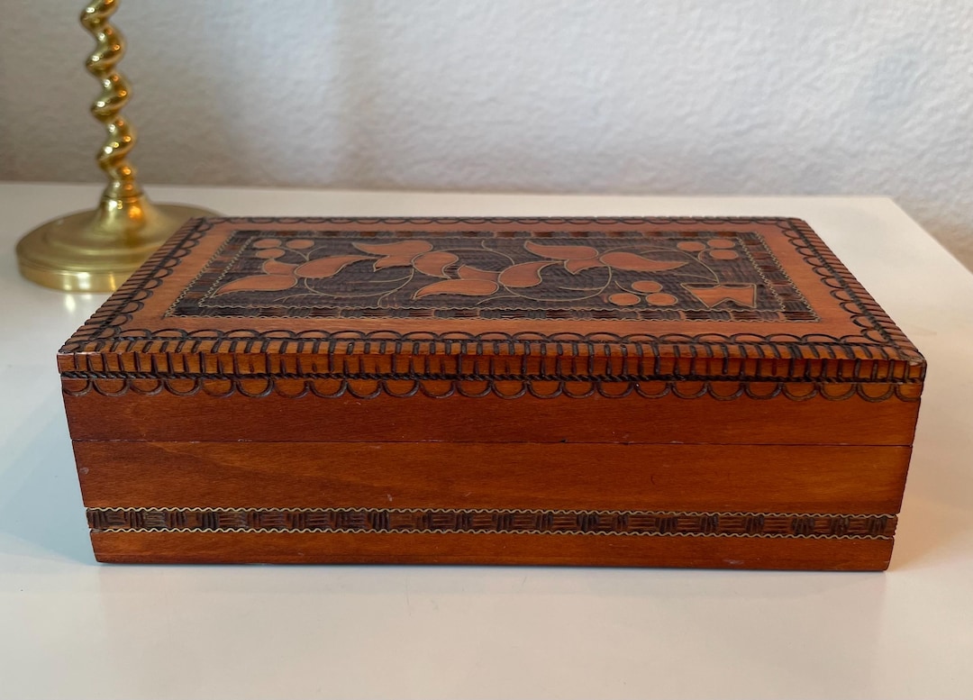 Vintage Polish Carved Wood With Brass Wire Inlay | Square Trinket ...