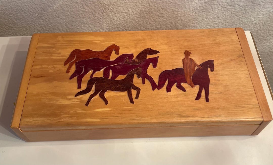 Vintage Inlaid Horses Storage Box | Jewelry Box With Inlay Horses and ...
