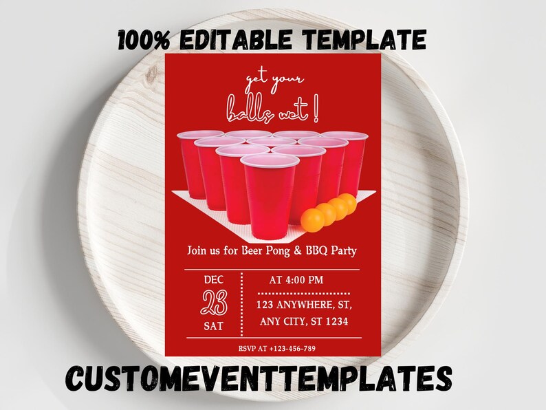 Editable BEER PONG BBQ Party Invitation, Printable Fraternity Part, Men ...