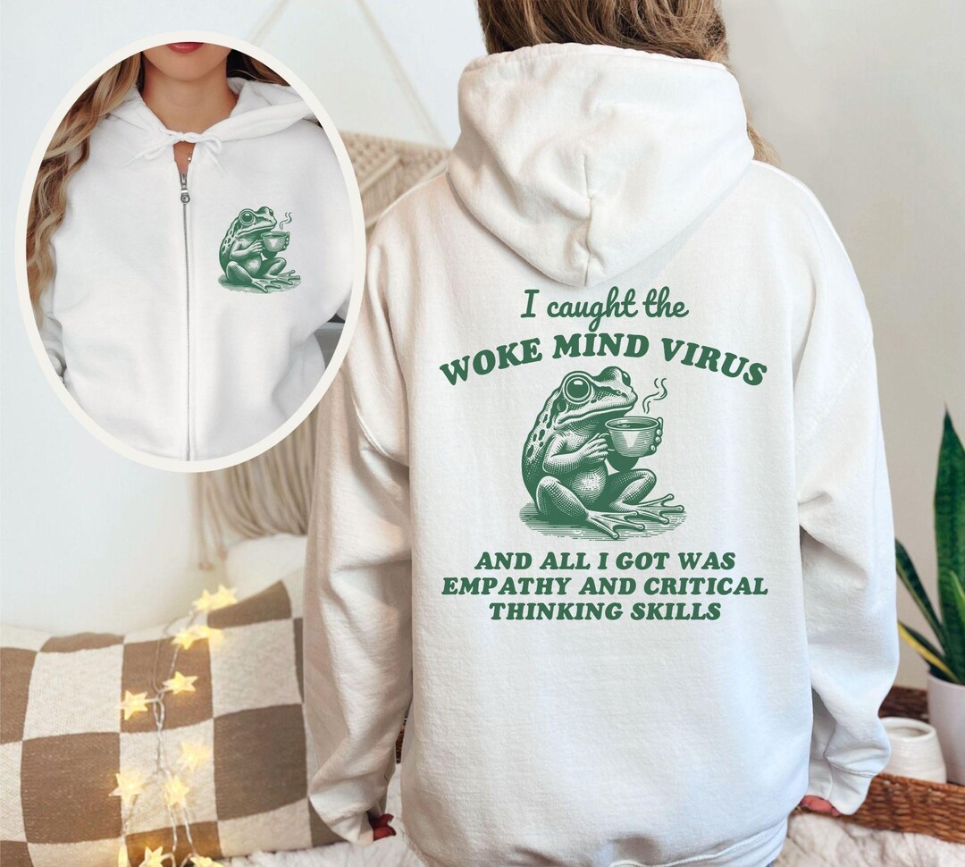 Funny Woke Mind Virus Zip Hoodie, Retro Empathy Frog Sweater, Liberal ...