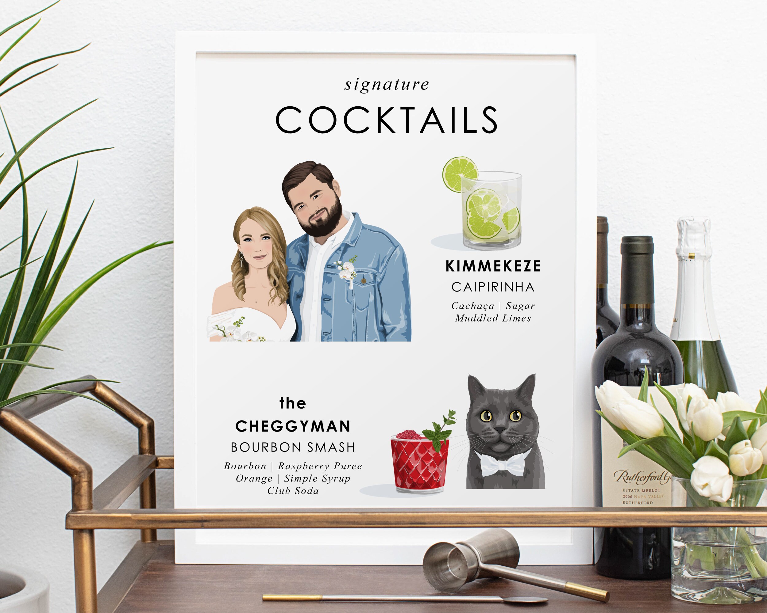 Personalized Her and His Cocktail Sign With Bride and Groom Portraits ...