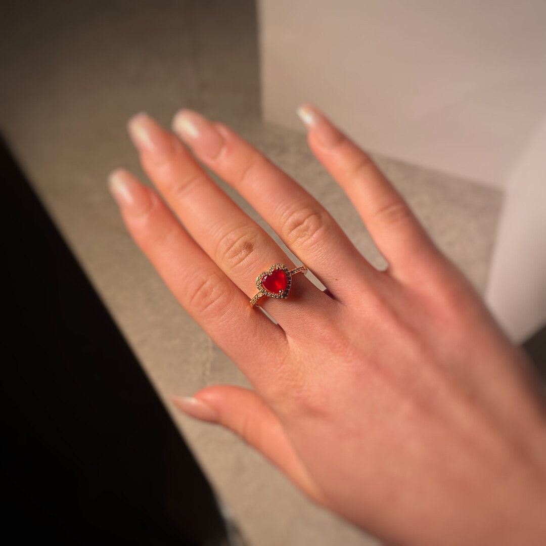Gold Ladies Crimson Ruby-hued Band, Females Cherry Elegant Promise Ring ...