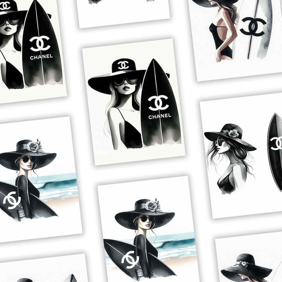Set of 4: Woman With Surfboard With Chanel Logo in Black, White and ...