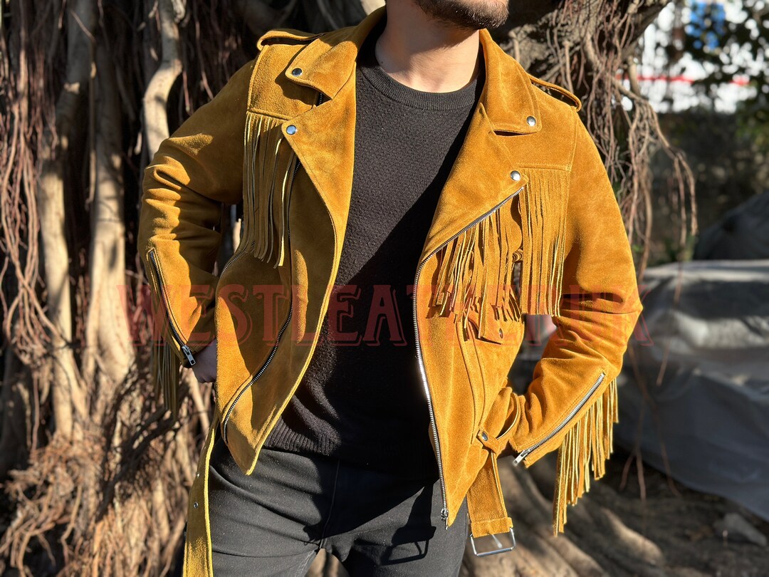 Handmade Men's Brown Suede Leather Fringe Jacket, Real Suede Leather ...