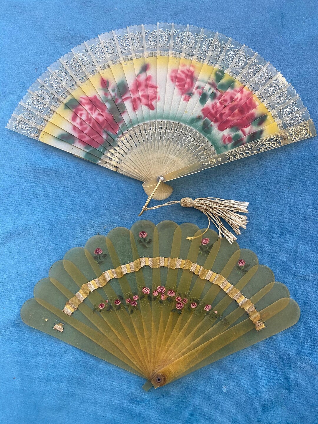 Two Antique Fans, 1920, Kina. Plastic. Rose Drawing. in a Good ...