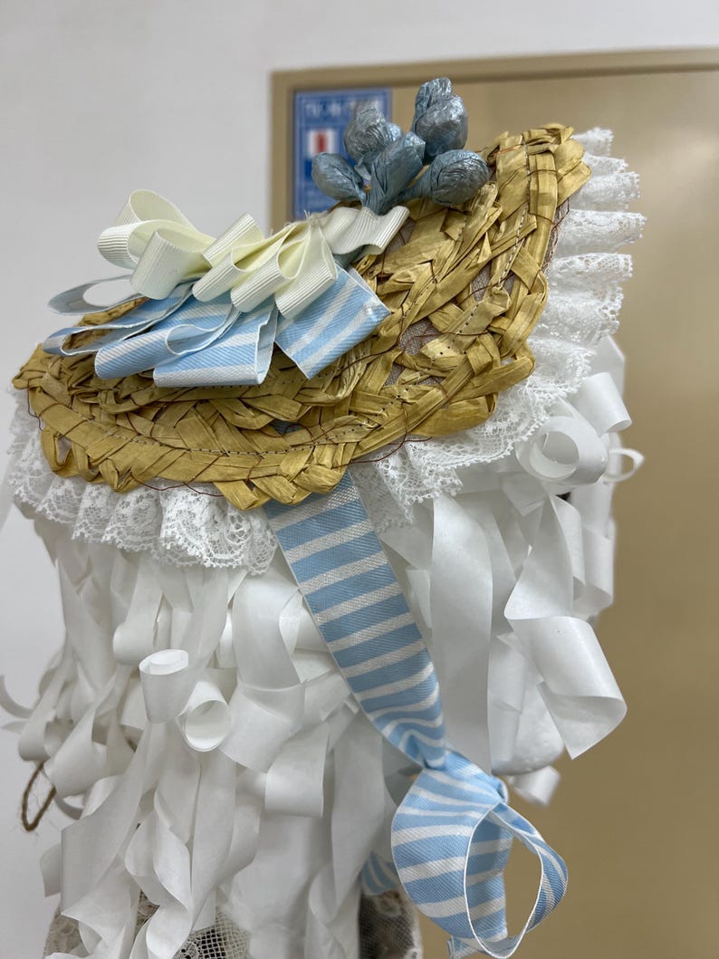 Flat Hat Plate copy 1800. Straw. Lace, Satin Ribbons in a Blue Cage ...