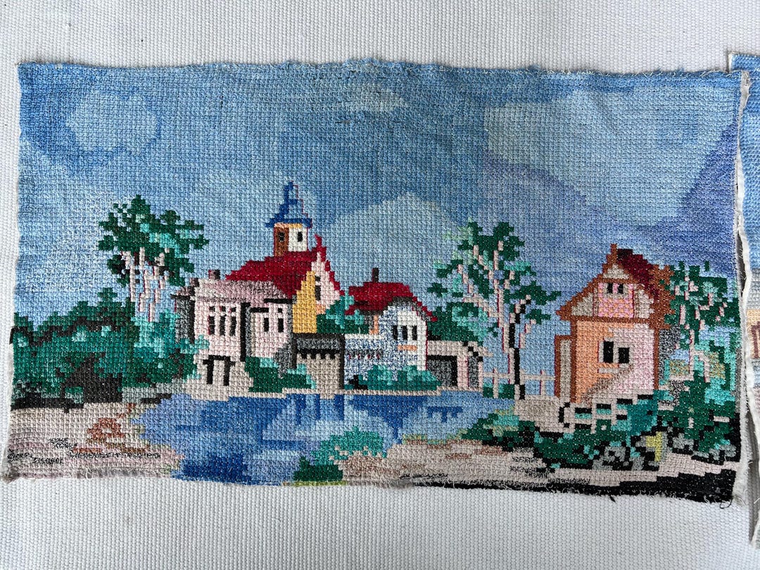 Old Embroidery 2 Pieces. 1900-1940. From One House. Large "village ...