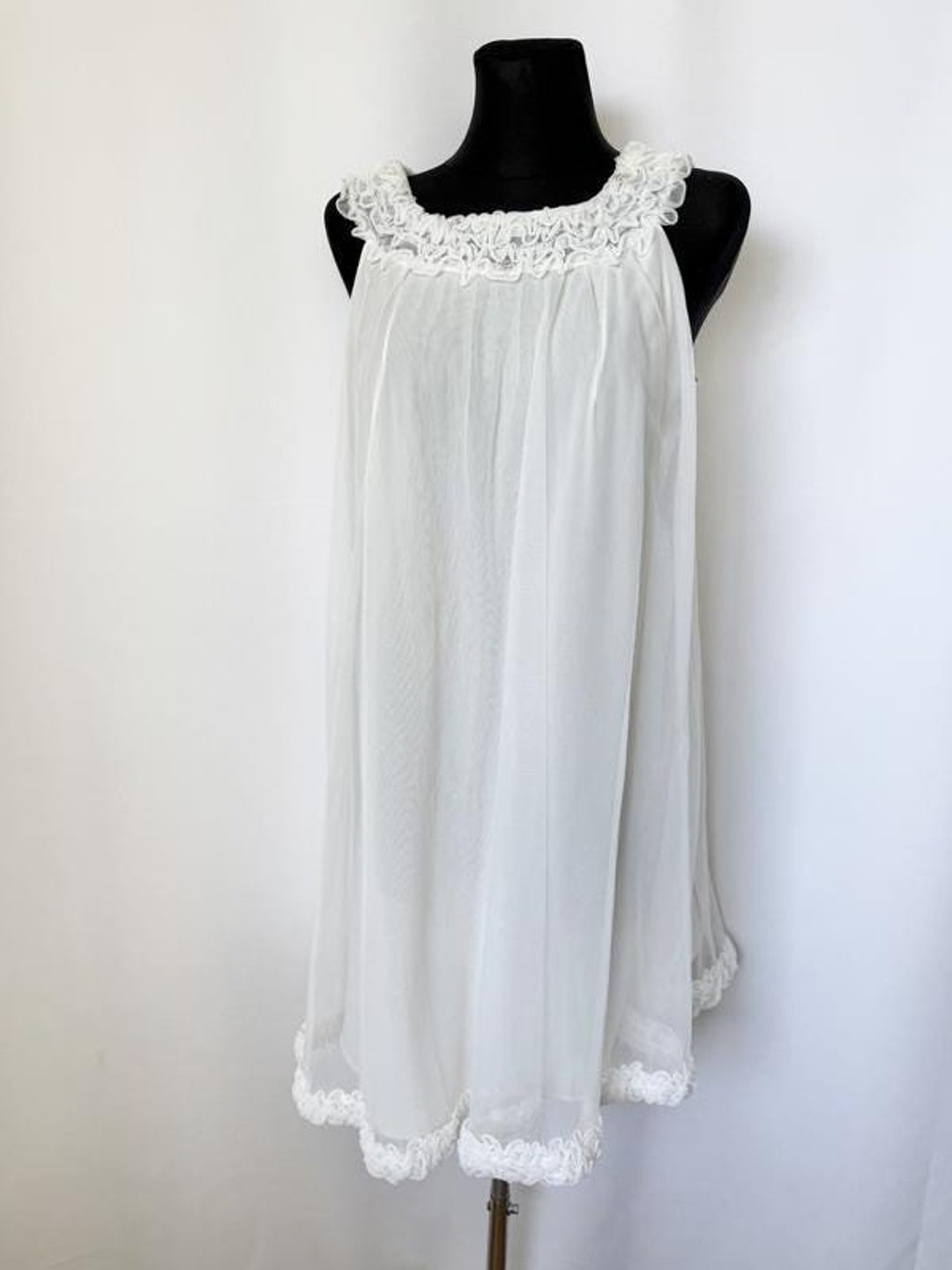 Vintage White Nylon Mini Nightdress 70s 80s Slip With Ruffles, Perfect ...