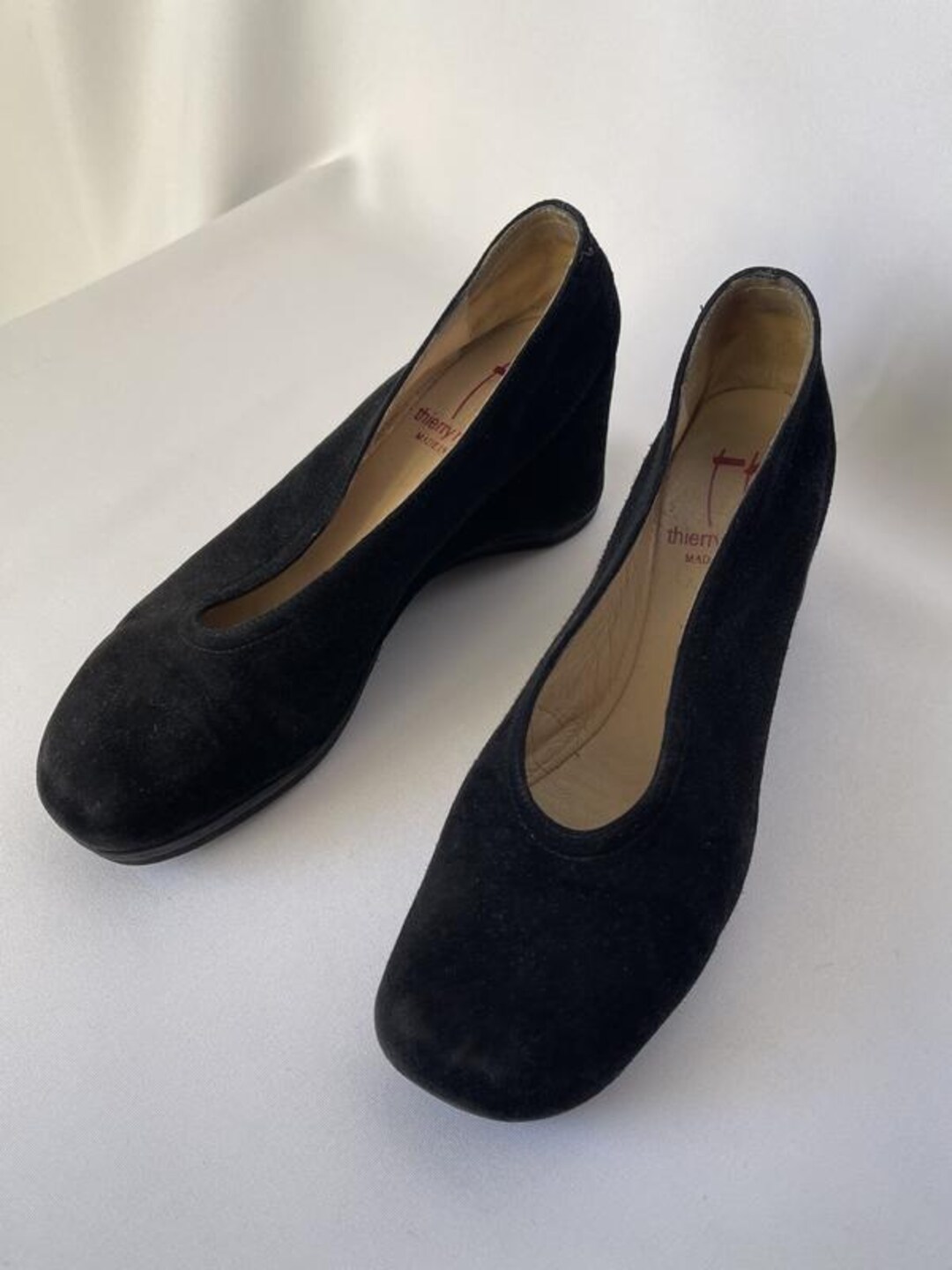 Thierry Rabotin Black Suede Platform Wedge Pumps Vintage Square Toe ...