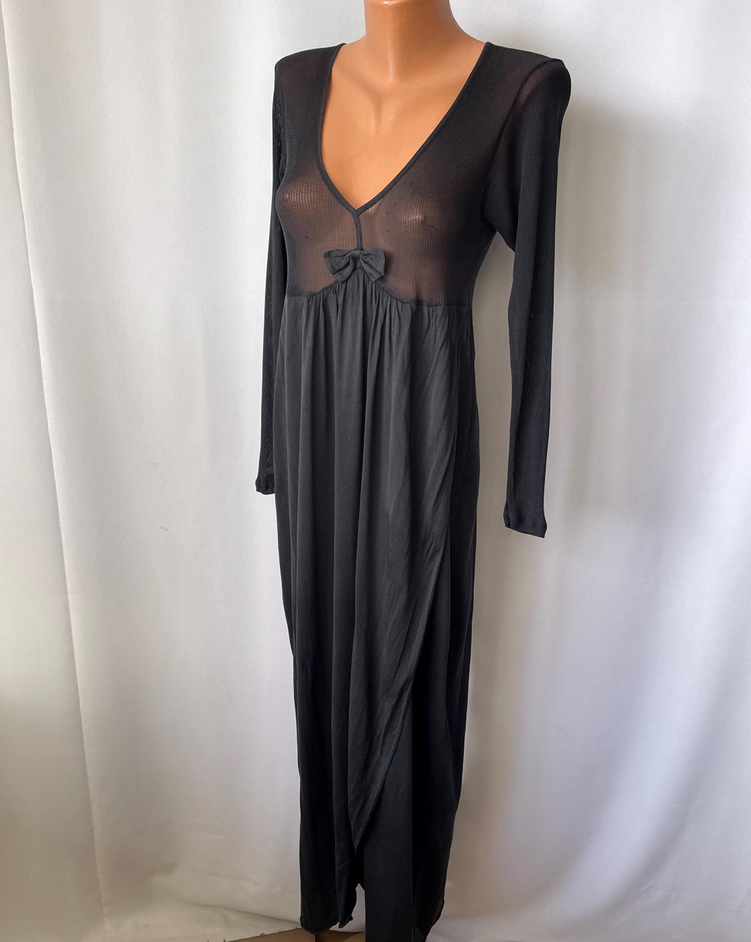 Vintage Hanro Switzerland Silk Peignoir Black Long-sleeve Nightdress ...