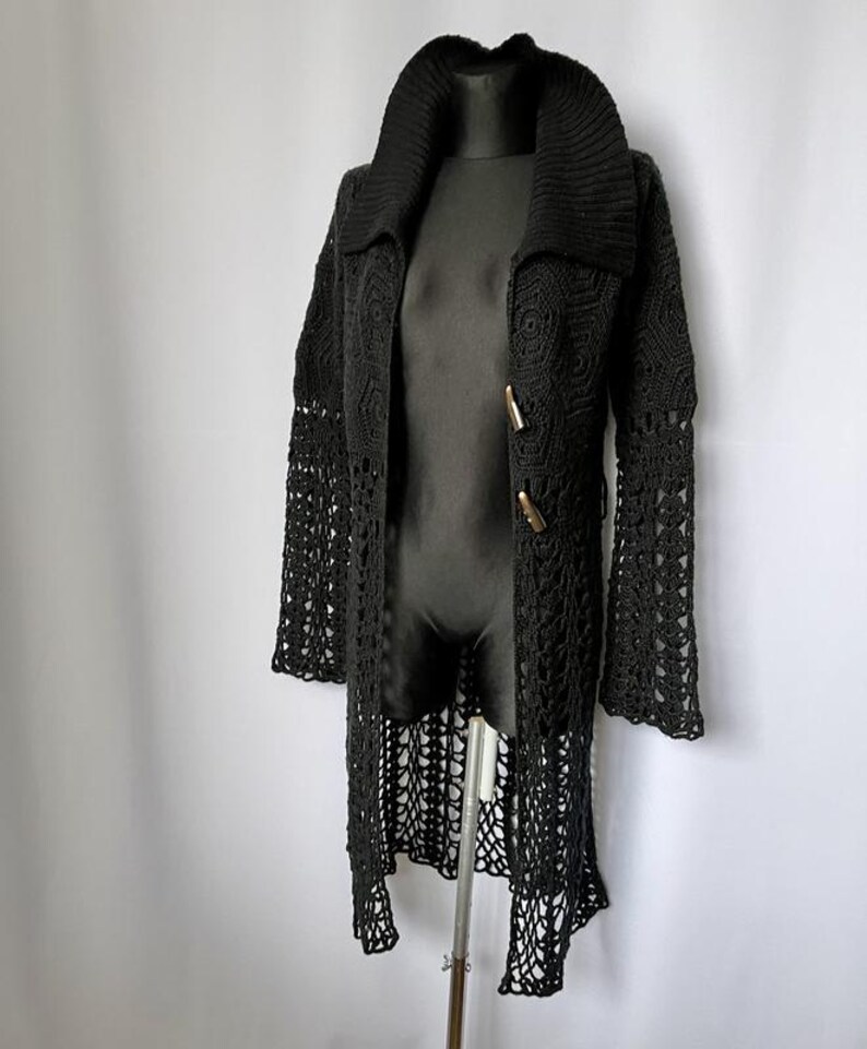 Iblues Vintage Long Cardigan Coat | Black Crochet Wool Blend Knit ...